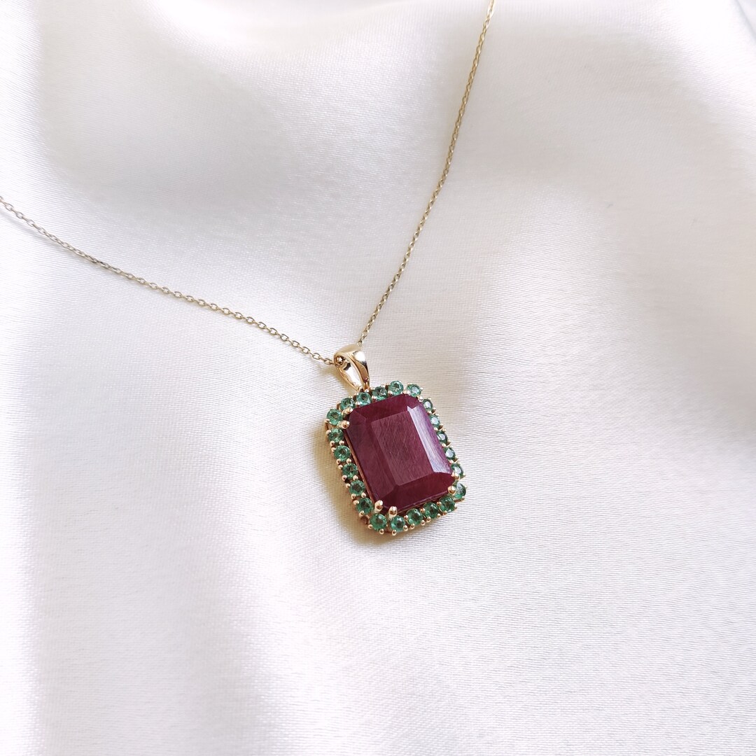 Natural Ruby & Emerald Pendant, 14K Solid Yellow Gold Pendant, July and ...