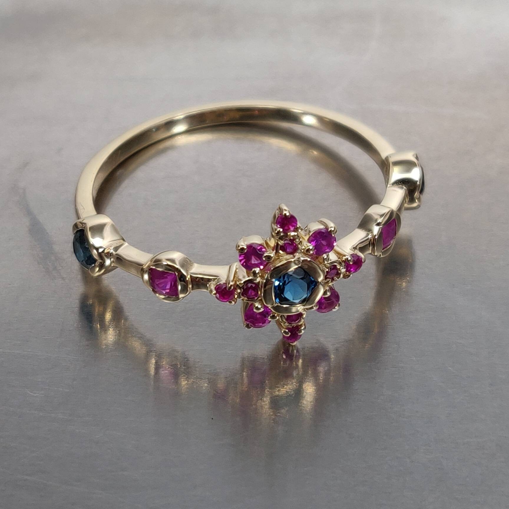 14K Gold Natural London Blue Topaz & Ruby Ring Solid Yellow - Etsy
