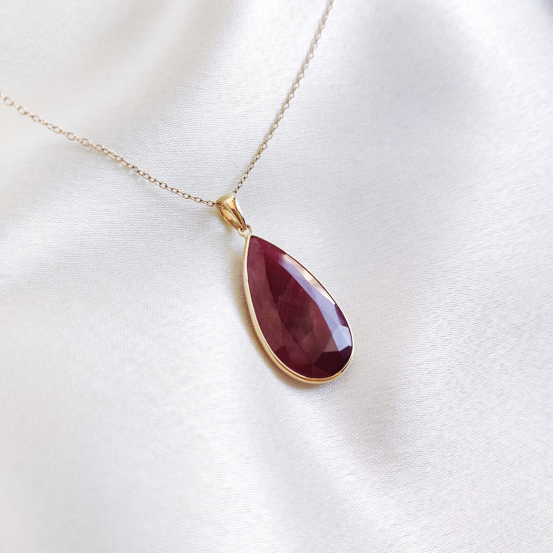 14K Gold Natural Ruby Pendant, Solid Yellow Gold Ruby Pendant, July ...