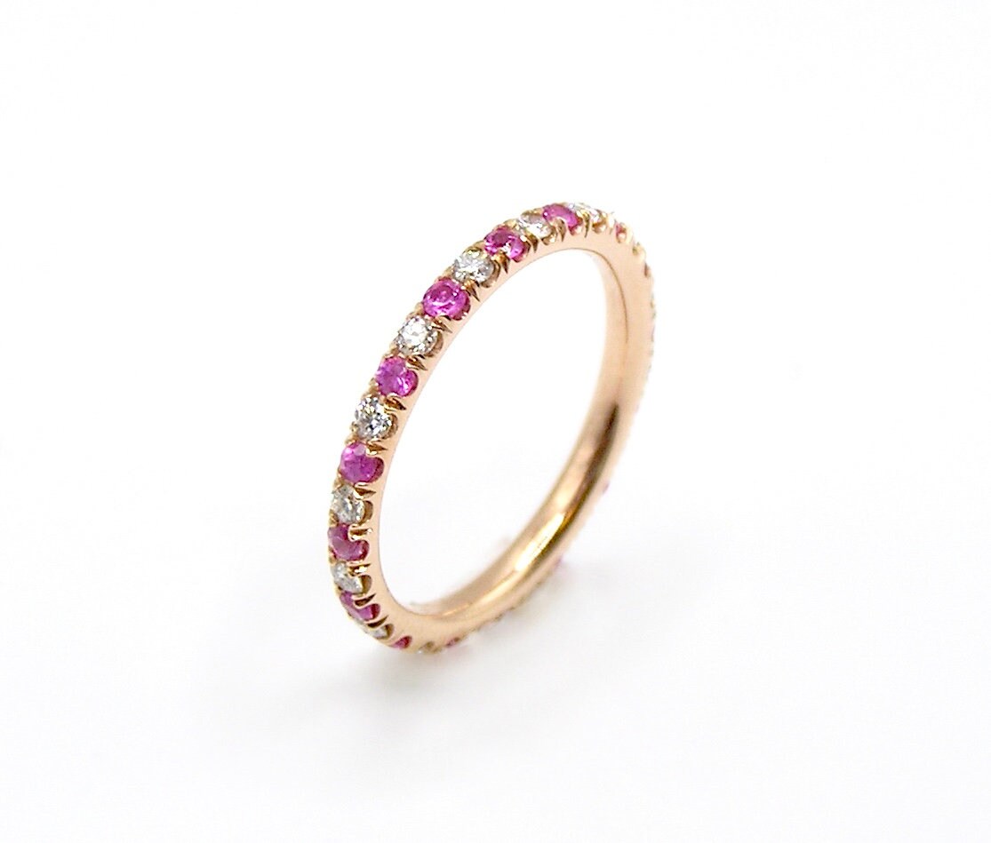 14K Solid Gold Ring / Micropavé Pink Ruby Eternity Band / Wedding & Engagement Band / Fine ...