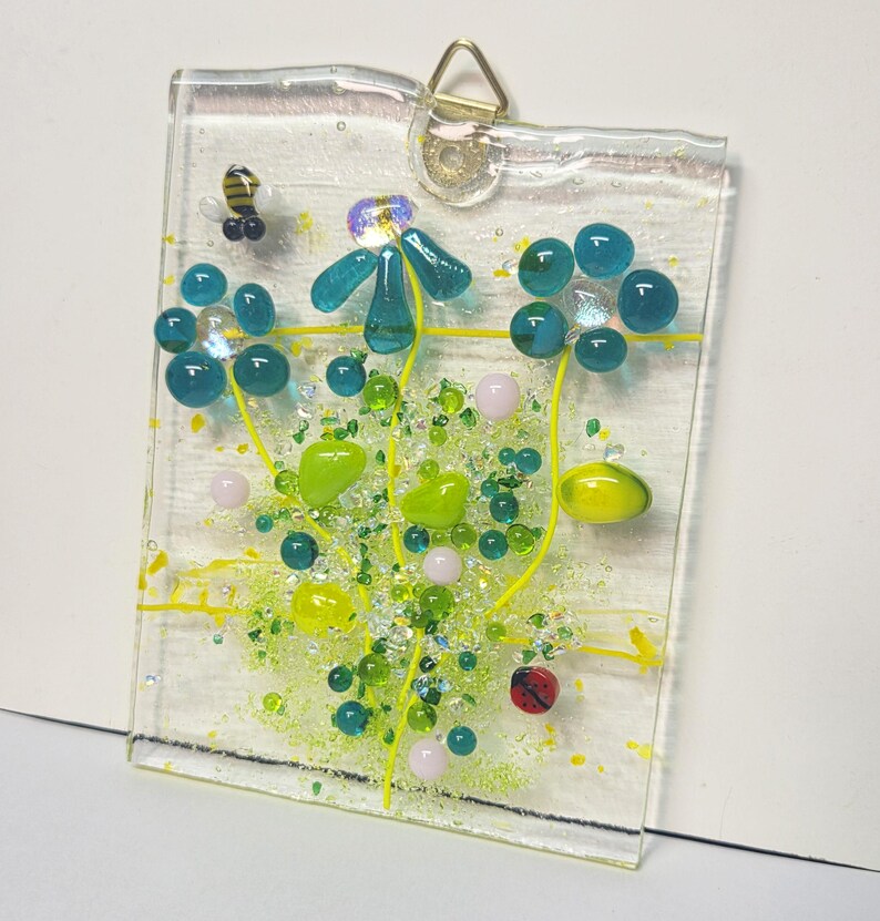 Fused Glass Wildflower Suncatcher: Lady Bug & Flowers, Handmade Art ...