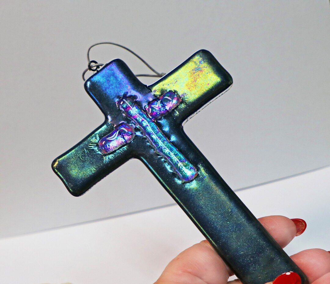 Dark Blue Glass Cross, Dichroic Fused Glass, Decorative Cross ...