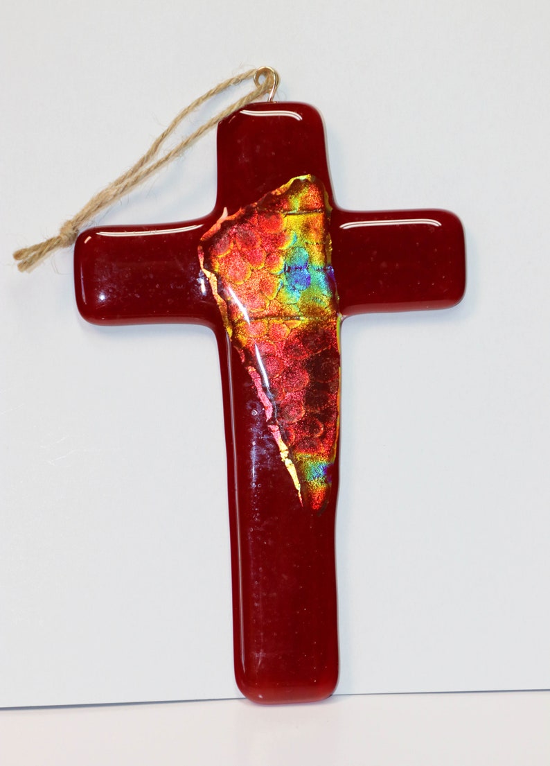 Dichroic Fused Glass Cross: Deep Red Religious Ornament - Etsy