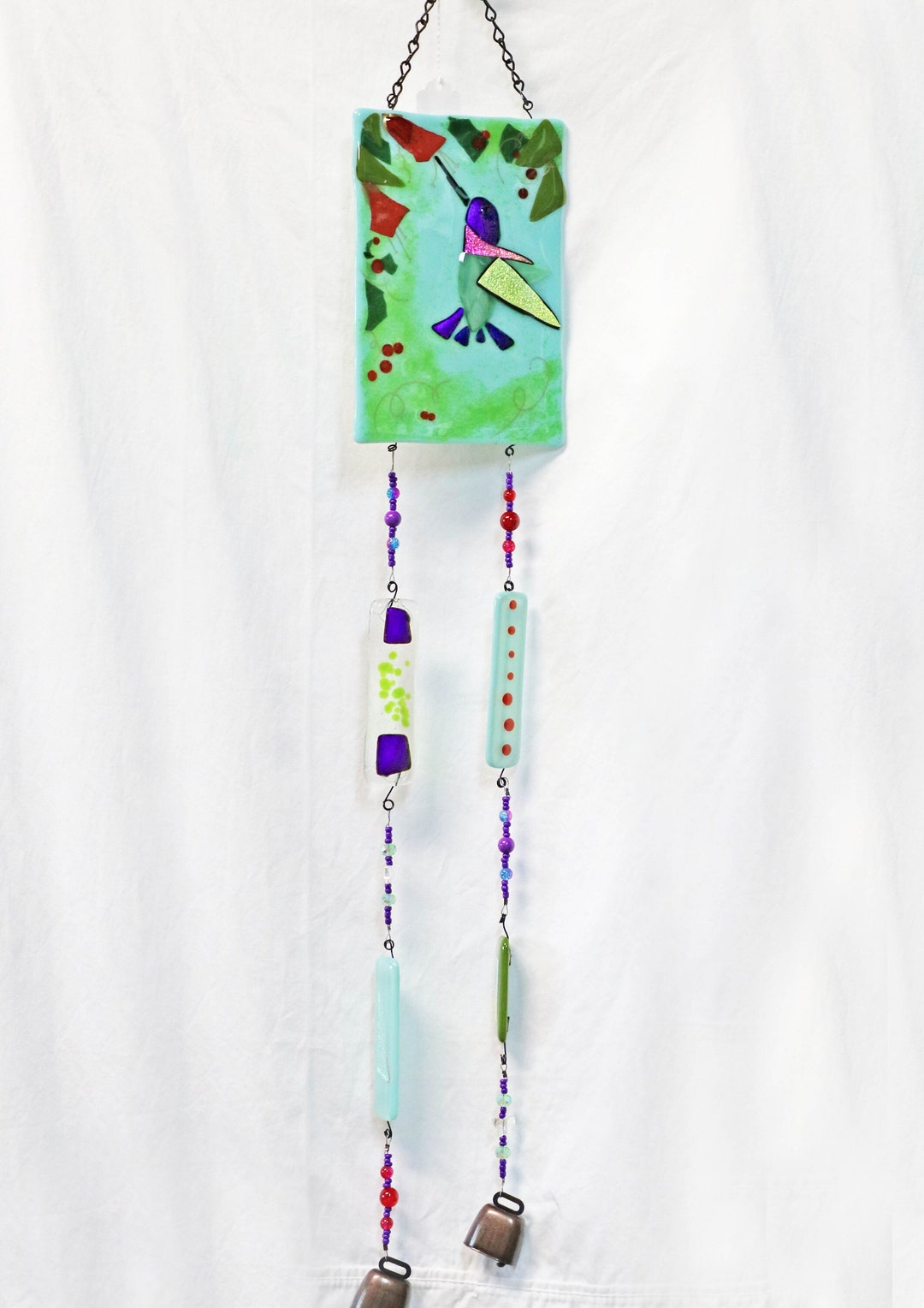 Hummingbird Windchime, Bird Glass Art, Fused Glass Hummingbird, Green ...