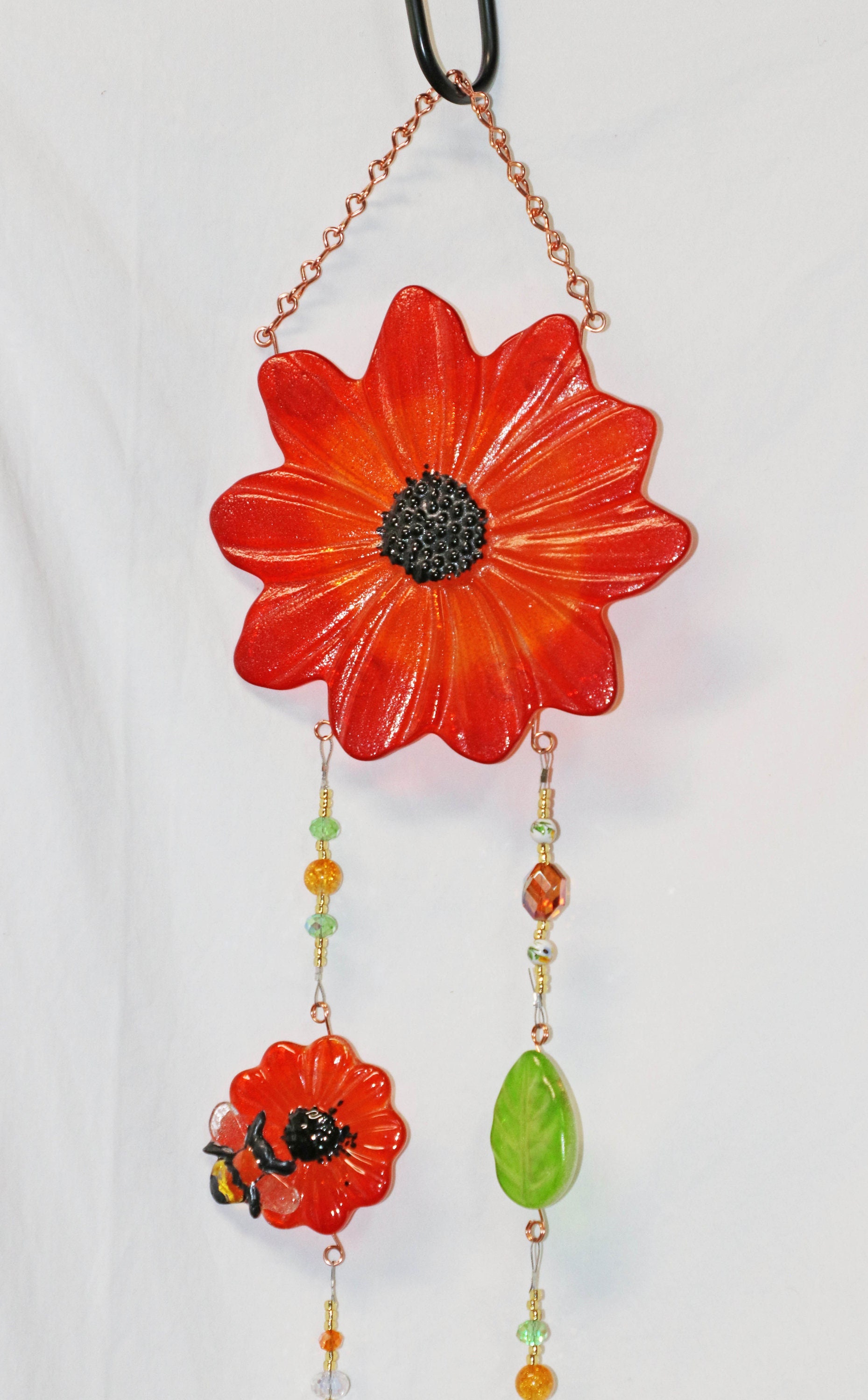Red Orange Sunflower Wind Chime, Bee and Flower Suncatcher, Bright ...