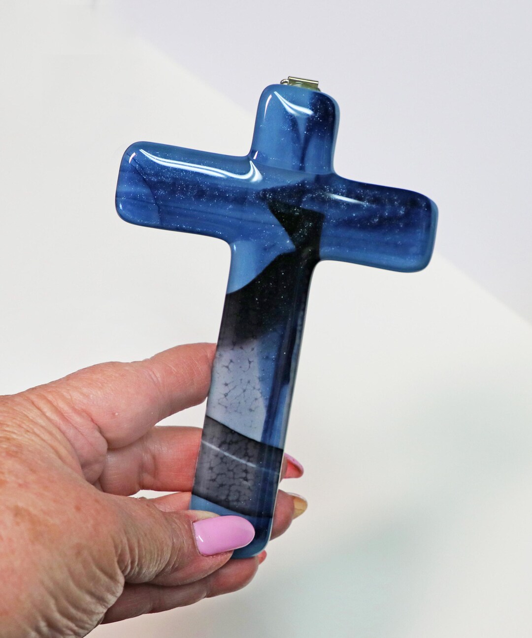 Dark Blue Glass Cross, Sparkly Cross, Grey Black, Fused Glass, Wall ...