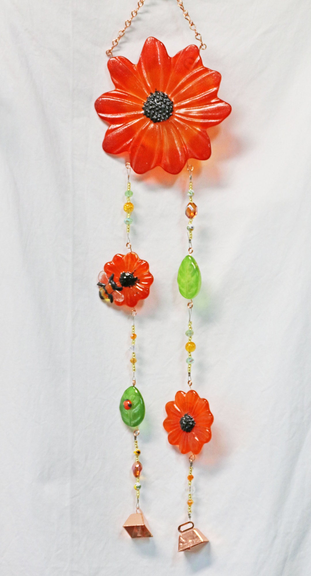 Red Orange Sunflower Wind Chime, Bee and Flower Suncatcher, Bright ...