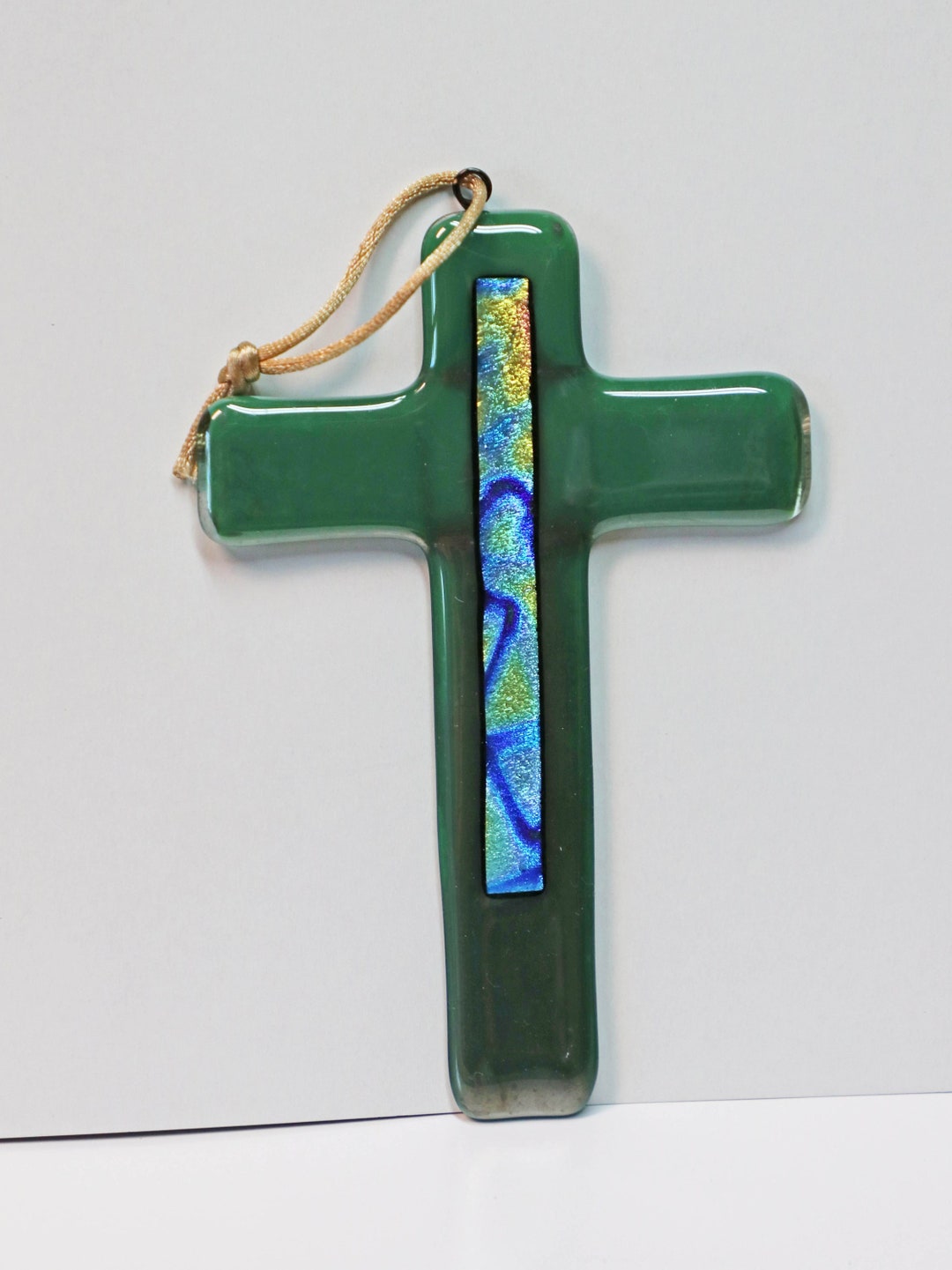Green Glass Cross, Dichroic Fused Glass, Decorative Cross, Religious ...