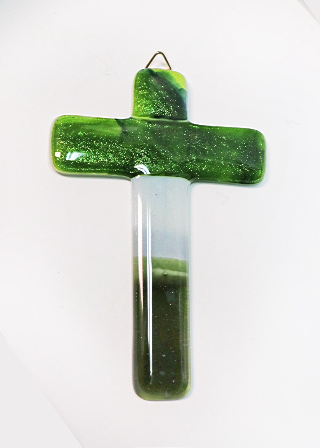 Cream White and Green Glass Cross, Sparkly Glass Cross, Fused Glass ...
