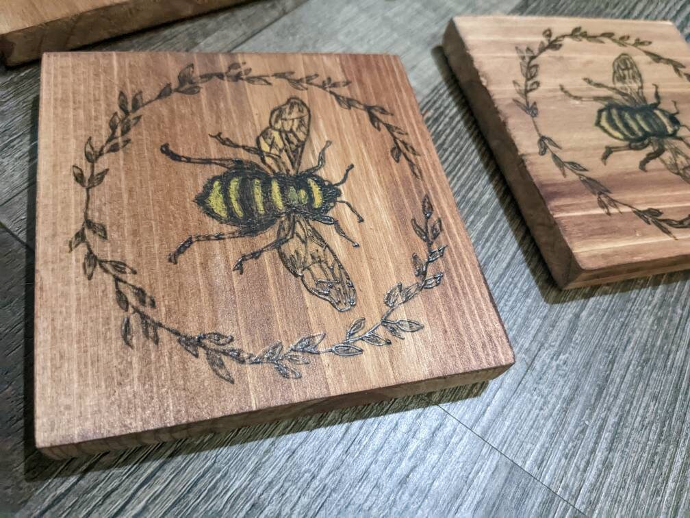 Honey Bee Engraved Wood Coasters Set of 4 - Etsy