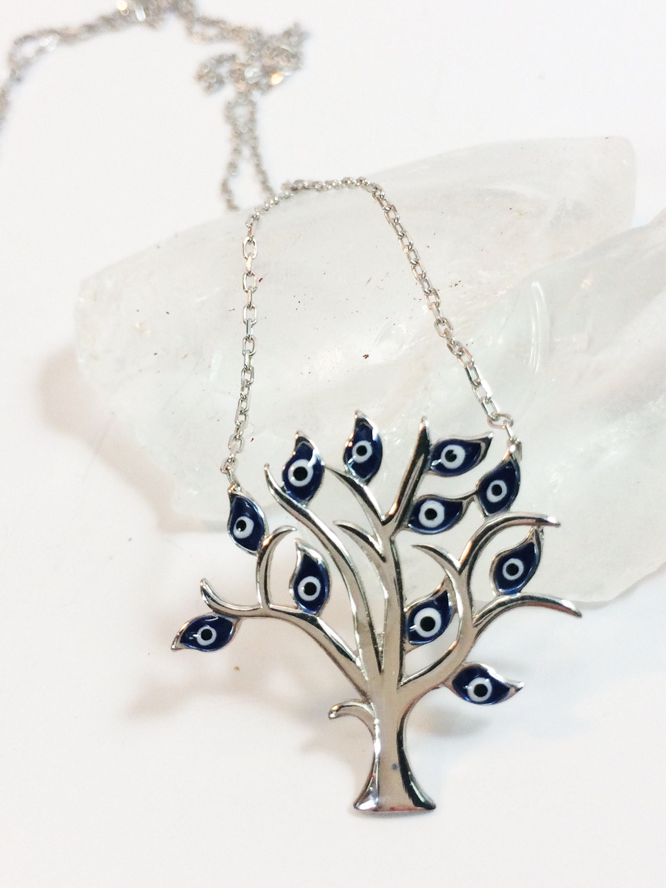 Evil Eye Silver Necklace, 925 Sterling Tree of Life Pendant With Velvet ...