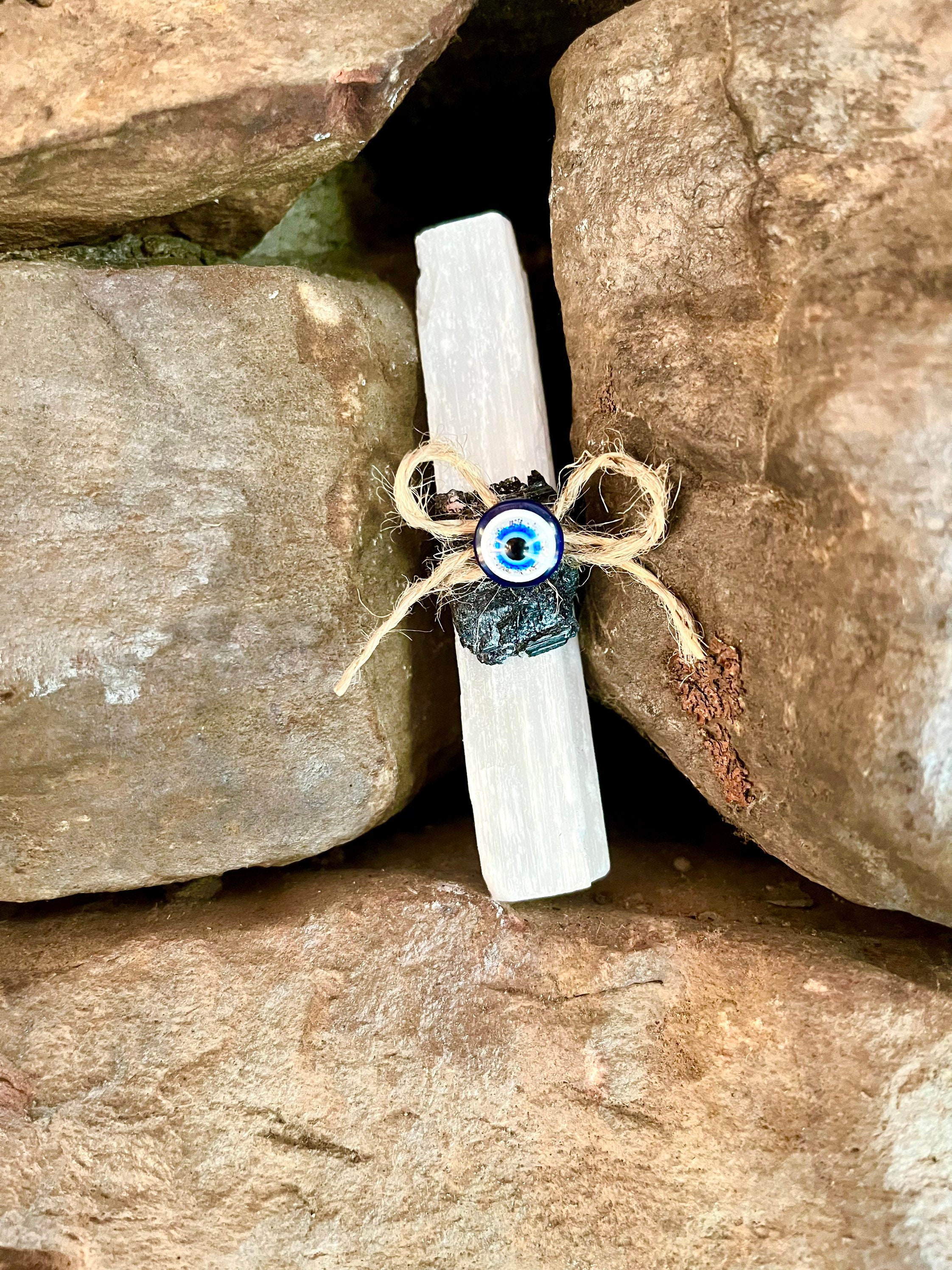 Selenite & Black Tourmaline Protection Ward with Evil Eye/ - Etsy