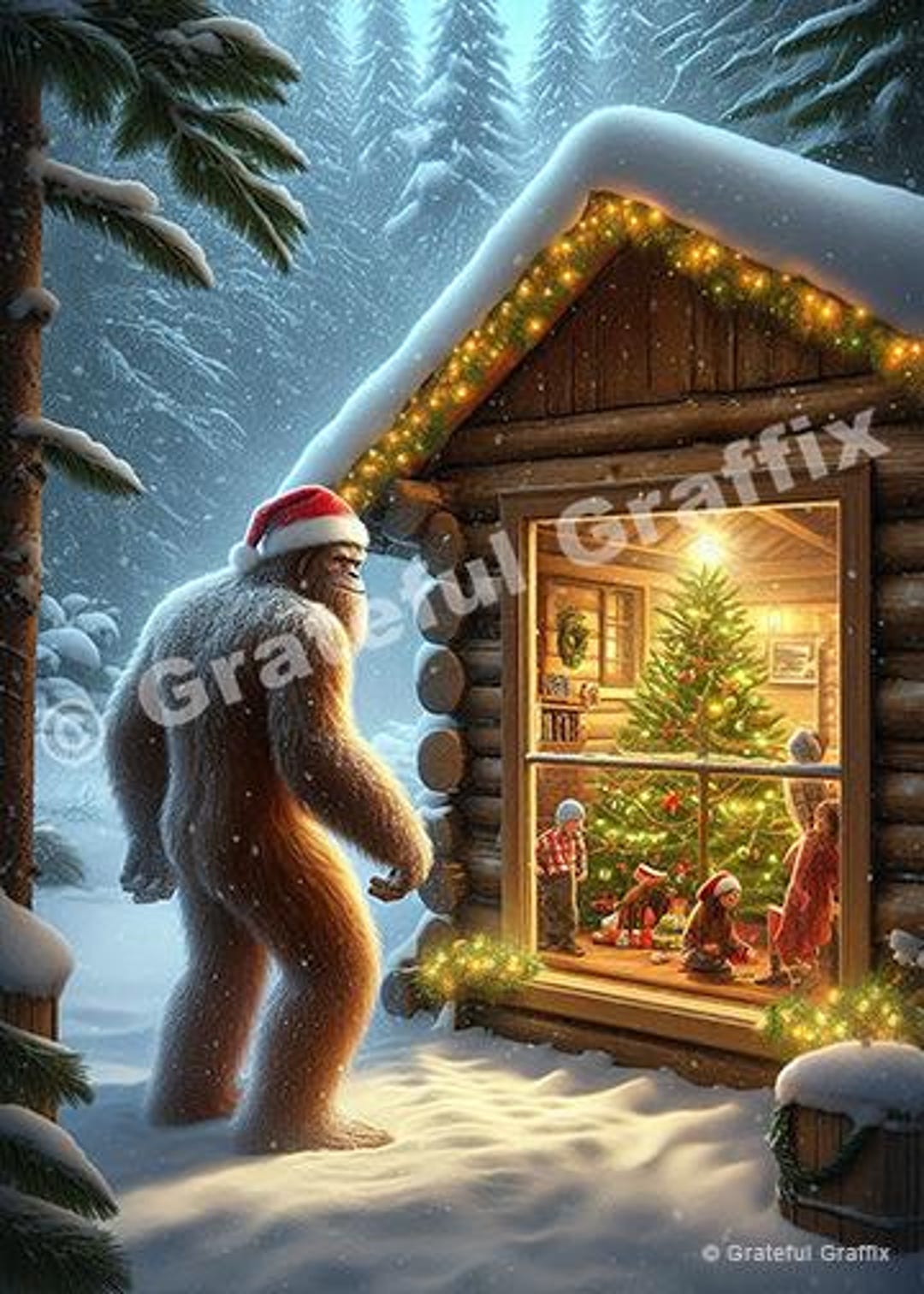 Bigfoot Christmas Cards and Envelopes Sasquatch Wearing a Santa Hat in ...