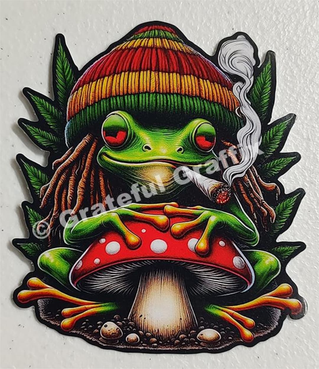 Reggae Rasta Tree Frog Sticker Sitting Behind a Mushroom Smoking A ...