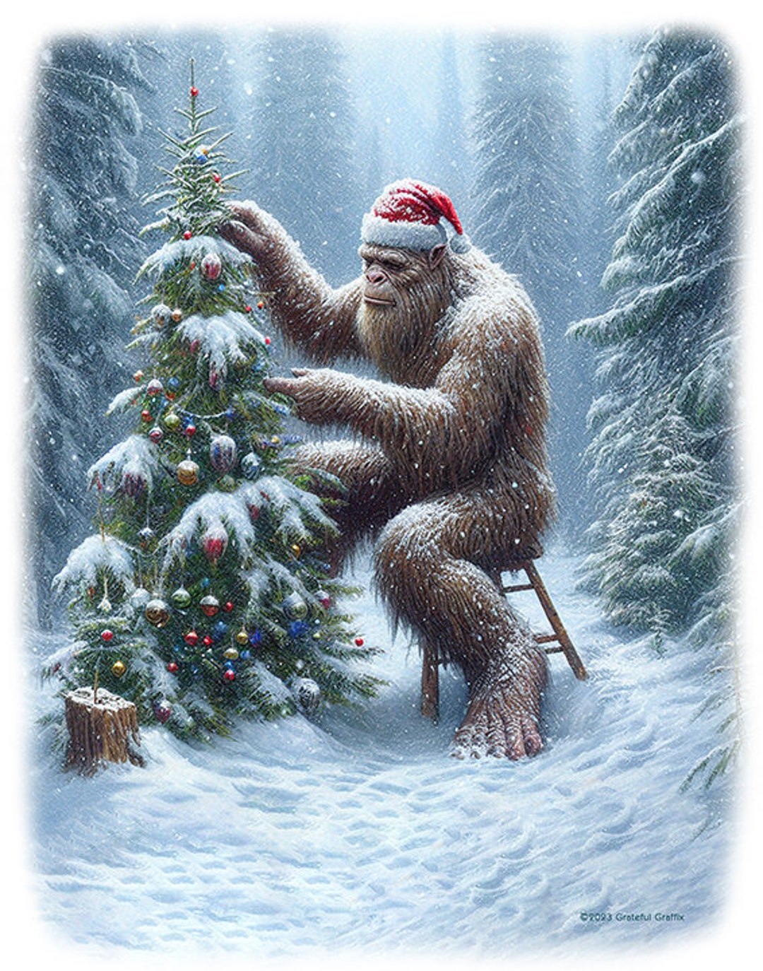Bigfoot Christmas Long Sleeve T-shirt Lonely Sasquatch Decorating a ...