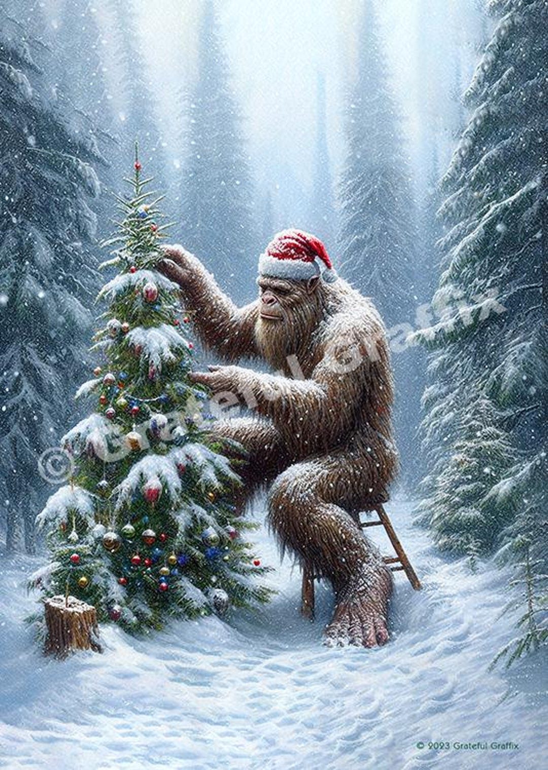 Bigfoot Christmas Cards and Envelopes Lonely Sasquatch Decorating a ...