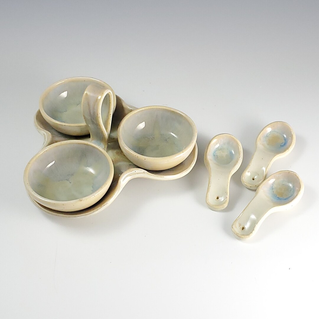 Handmade Ceramic Condiment Caddy: Pastel Green Triple Bowl Set - Etsy