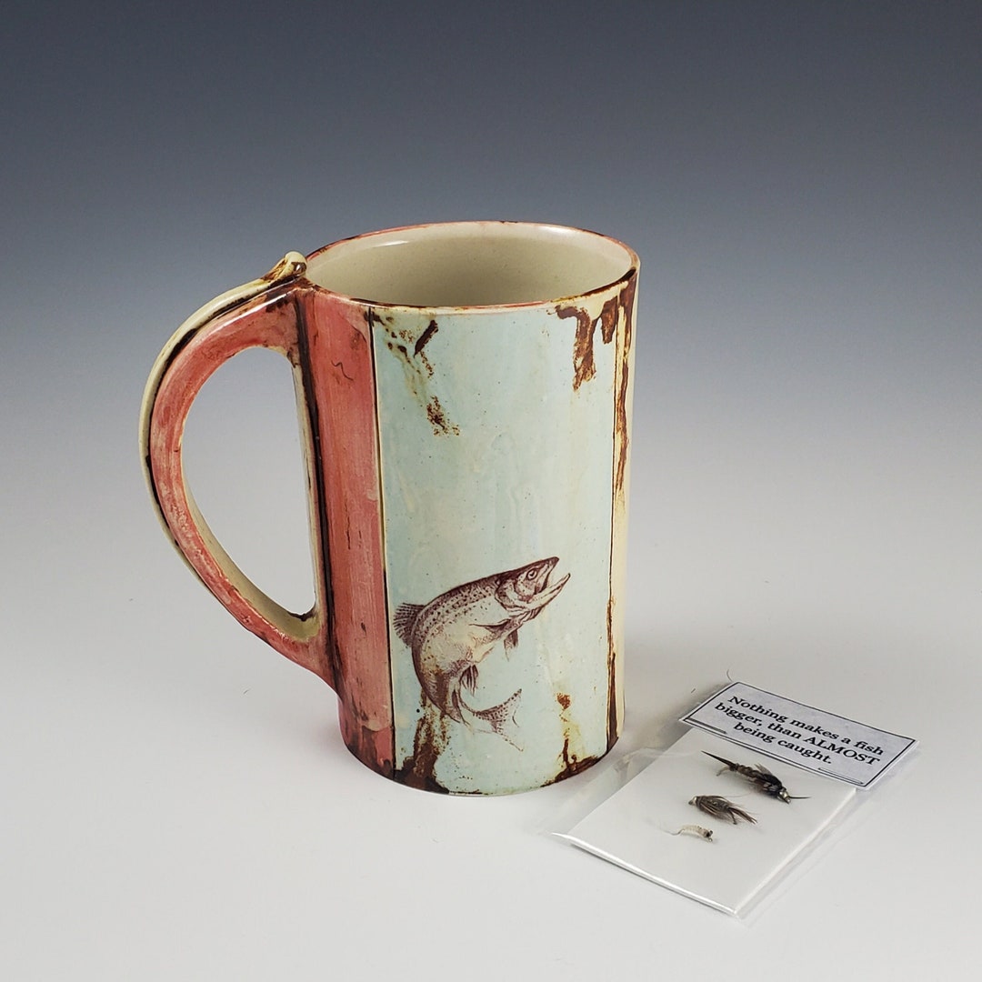 16oz Ceramic Fishing Mug flies Included, Trout Cup, Handmade Pottery ...