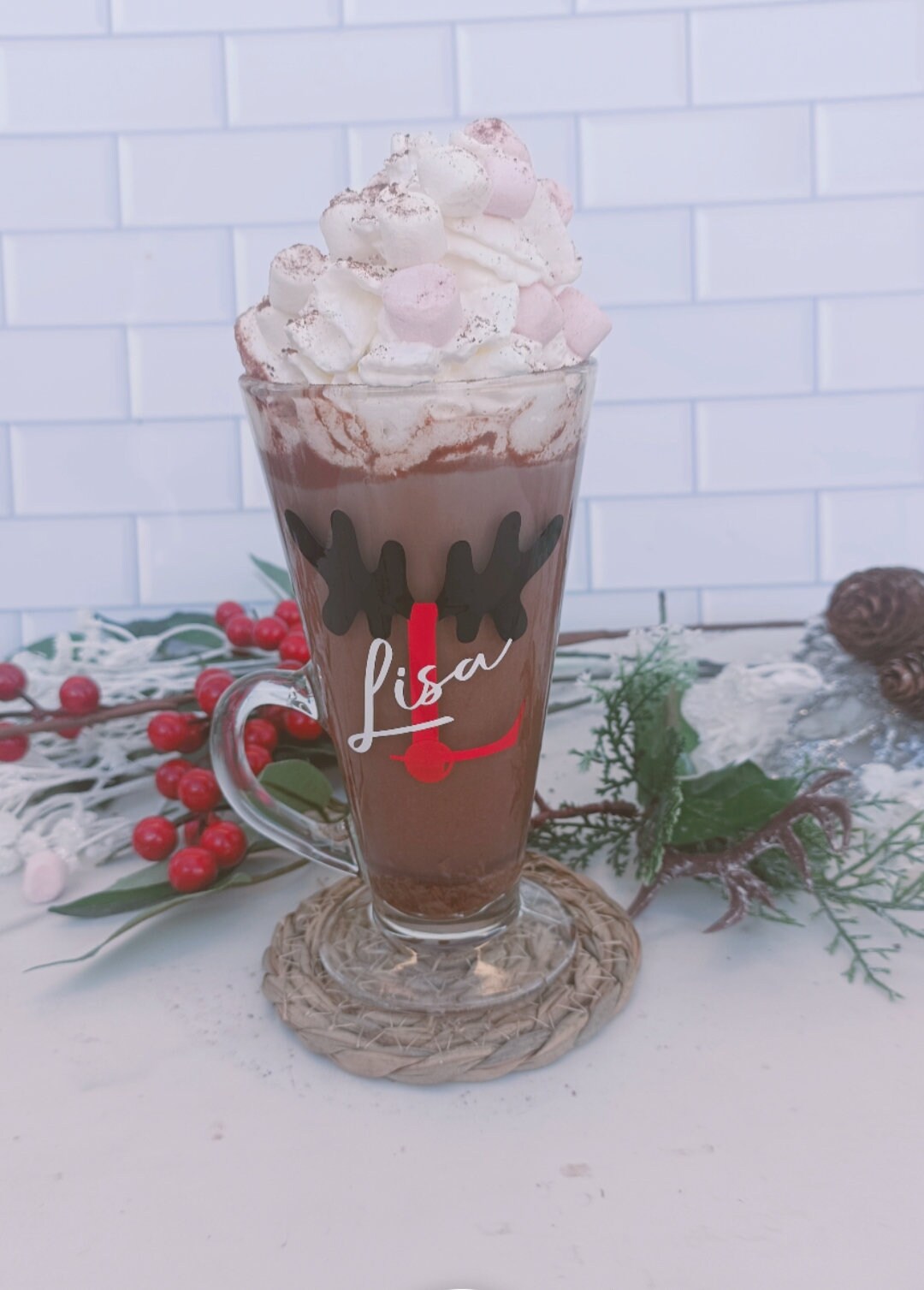 Christmas Hot Chocolate Reindeer Initial Name Glass Mug // Christmas ...