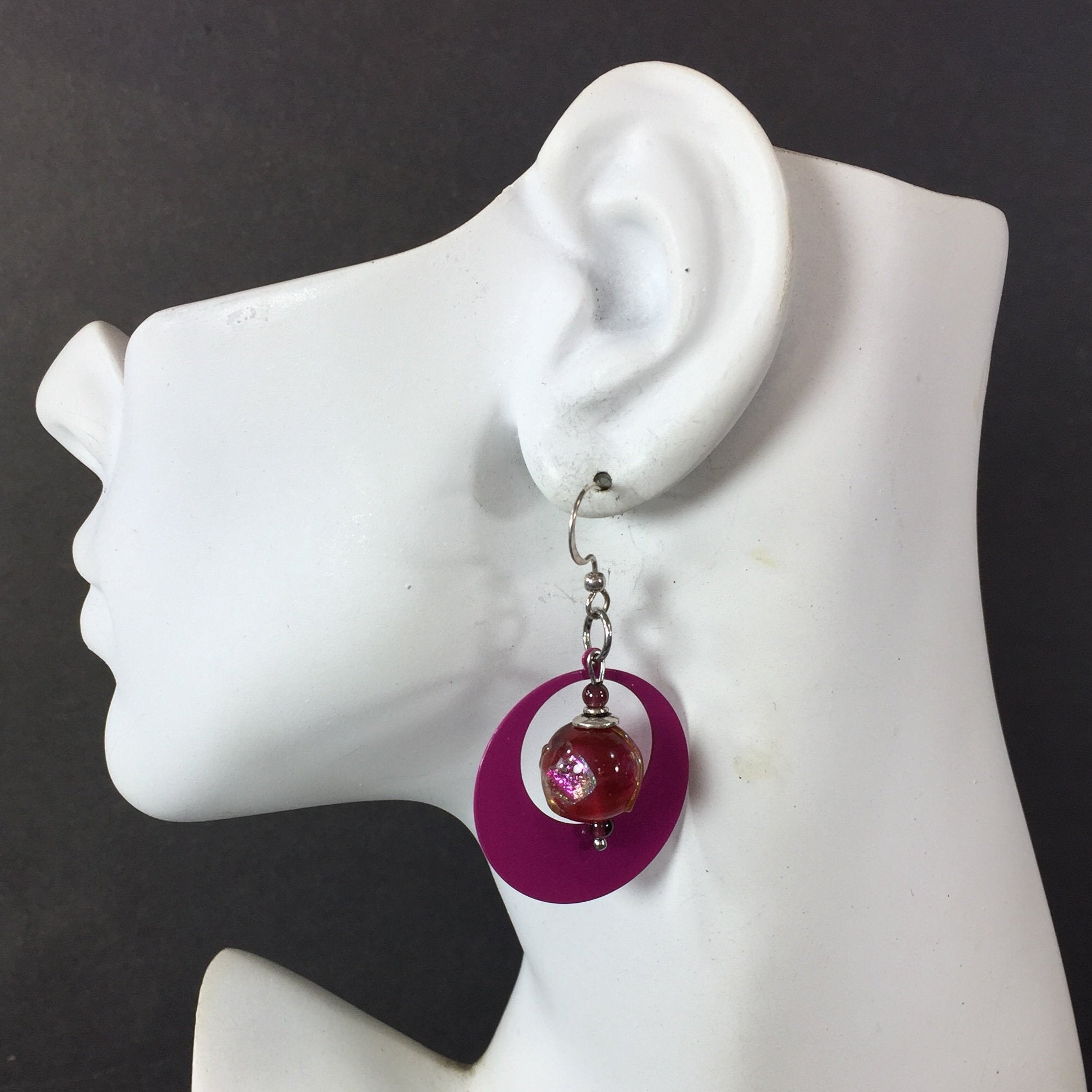 Magenta Hoop Dangles Enamel Vintage Hoops Upcycled With - Etsy