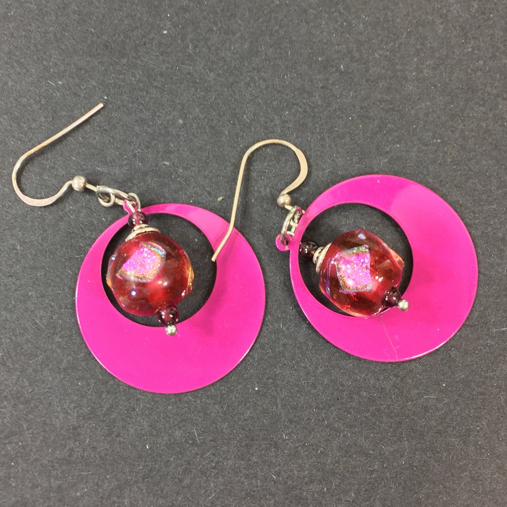 Magenta Hoop Dangles Enamel Vintage Hoops Upcycled With - Etsy