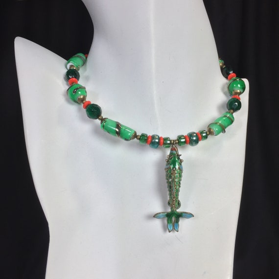Emerald green vintage Cloisonné FISH choker upcycled … - Gem