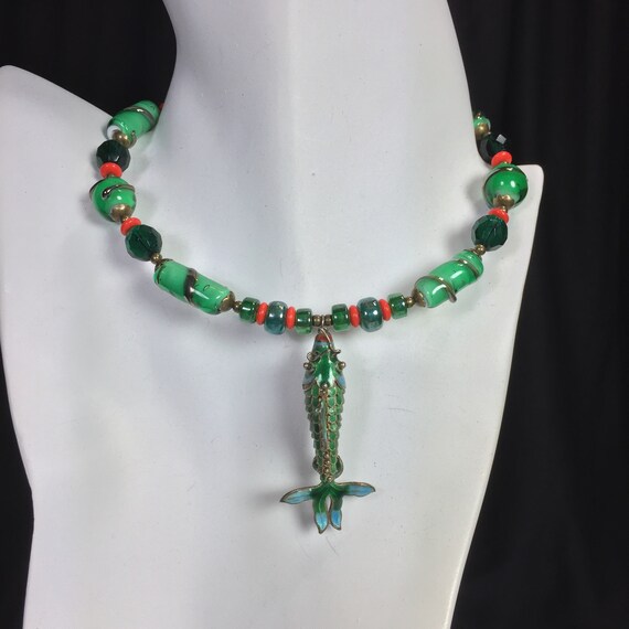 Emerald green vintage Cloisonné FISH choker upcycled … - Gem