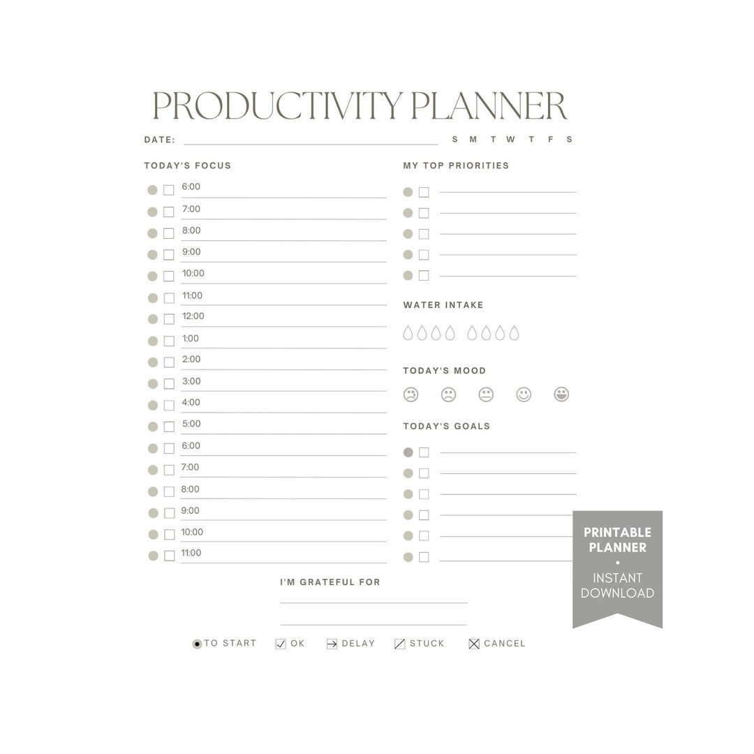 Daily Productivity Planner Instant Printable Page Digital Daily Planner ...