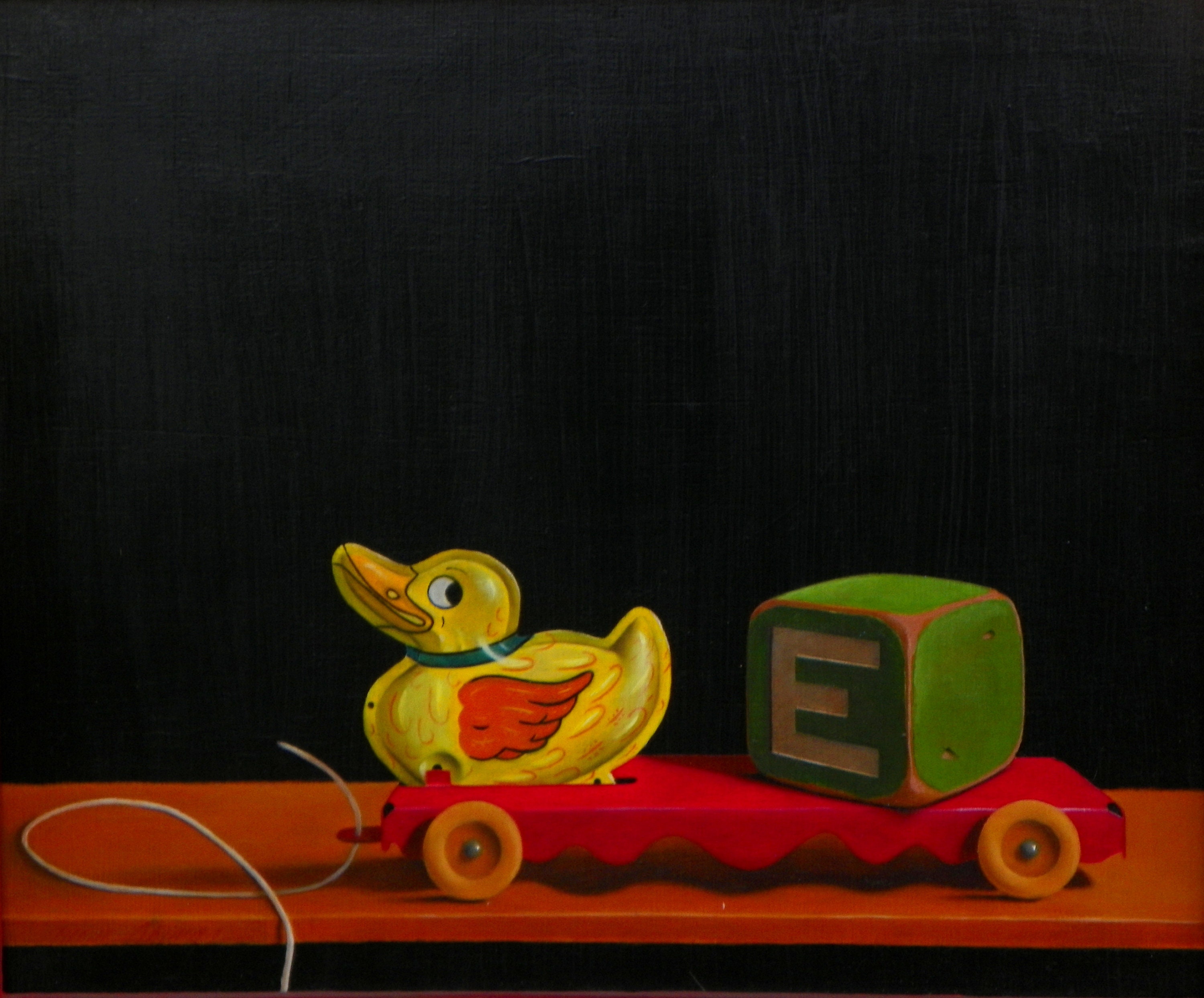 still life oil painting original art old toys art by ann osenga framed painting title Duck E