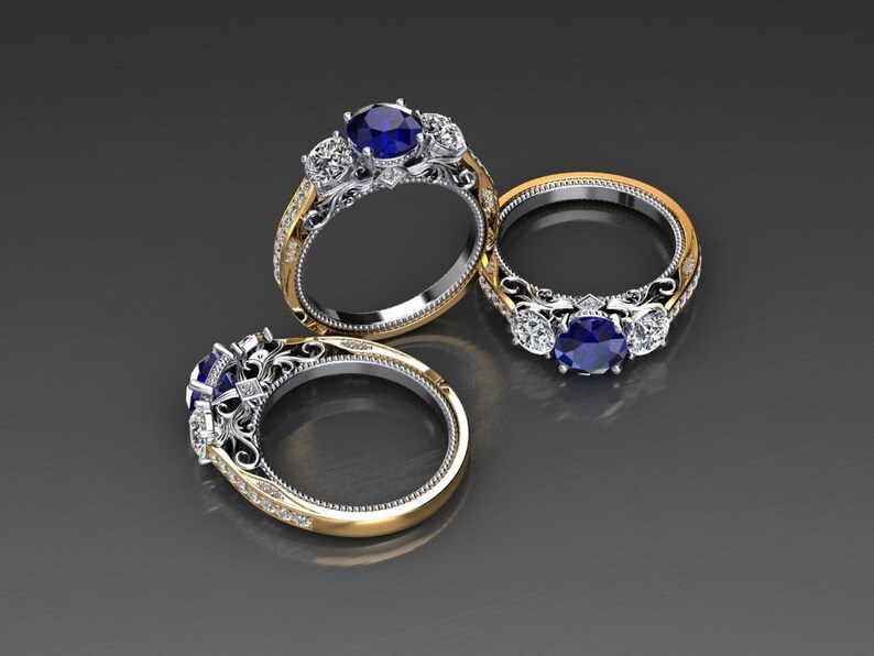 Two Tone Blue Sapphire Engagement Ring Blue Sapphire Three - Etsy