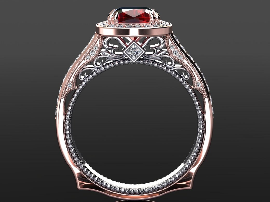 Two Tone Ruby Engagement Ring Ruby And Diamond Unique Halo | Etsy