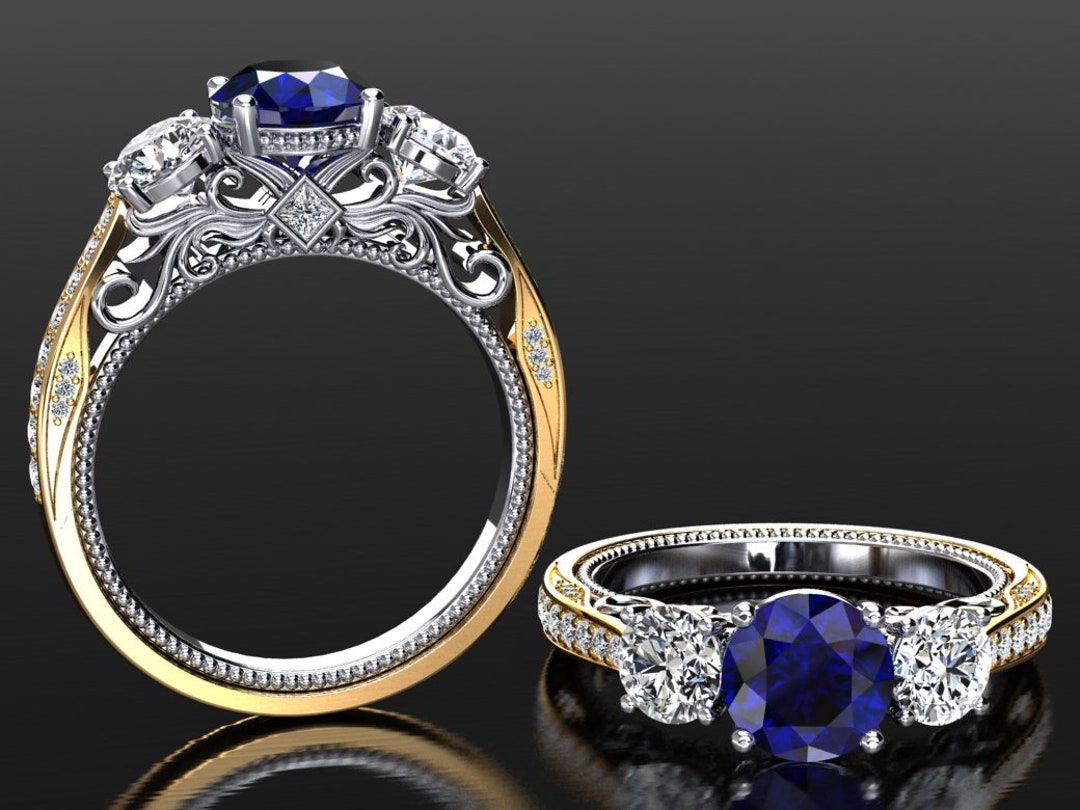 Two Tone Blue Sapphire Engagement Ring Blue Sapphire Three Stone ...