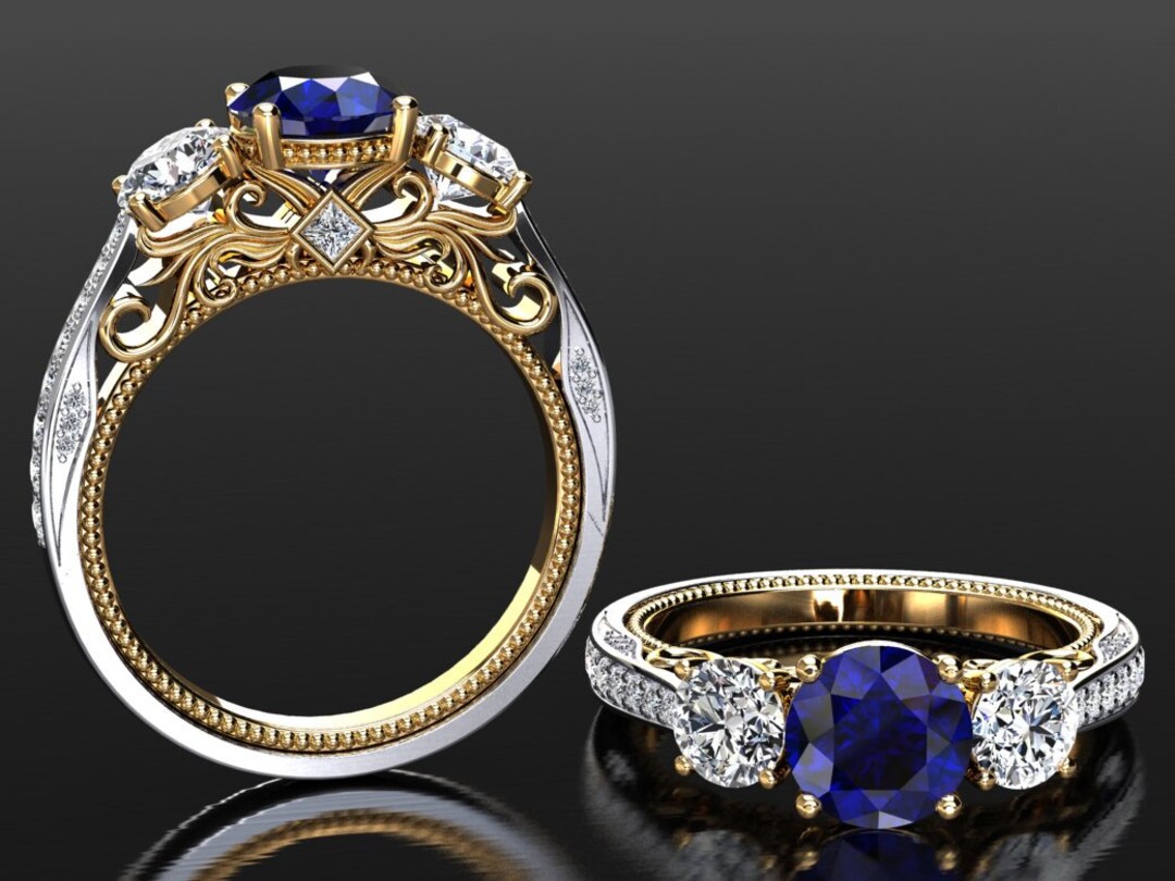 Two Tone Blue Sapphire Engagement Ring Blue Sapphire Three Stone ...