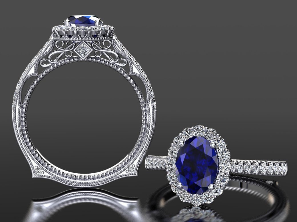 Platinum Blue Sapphire Engagement Ring Oval 1.75 Carat Blue | Etsy