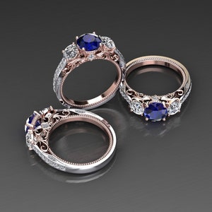 Two Tone Blue Sapphire Engagement Ring Blue Sapphire Three Stone ...