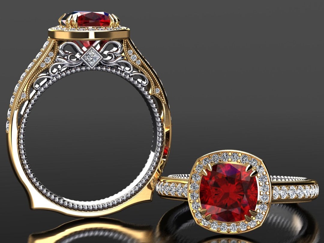 Two Tone Ruby Engagement Ring Ruby and Diamond Unique Halo Engagement ...
