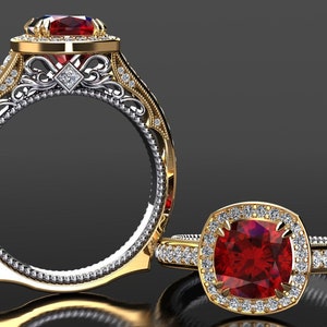 Two Tone Ruby Engagement Ring Ruby and Diamond Unique Halo Engagement ...