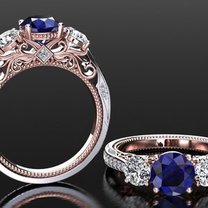 Two Tone Blue Sapphire Engagement Ring Blue Sapphire Three Stone ...