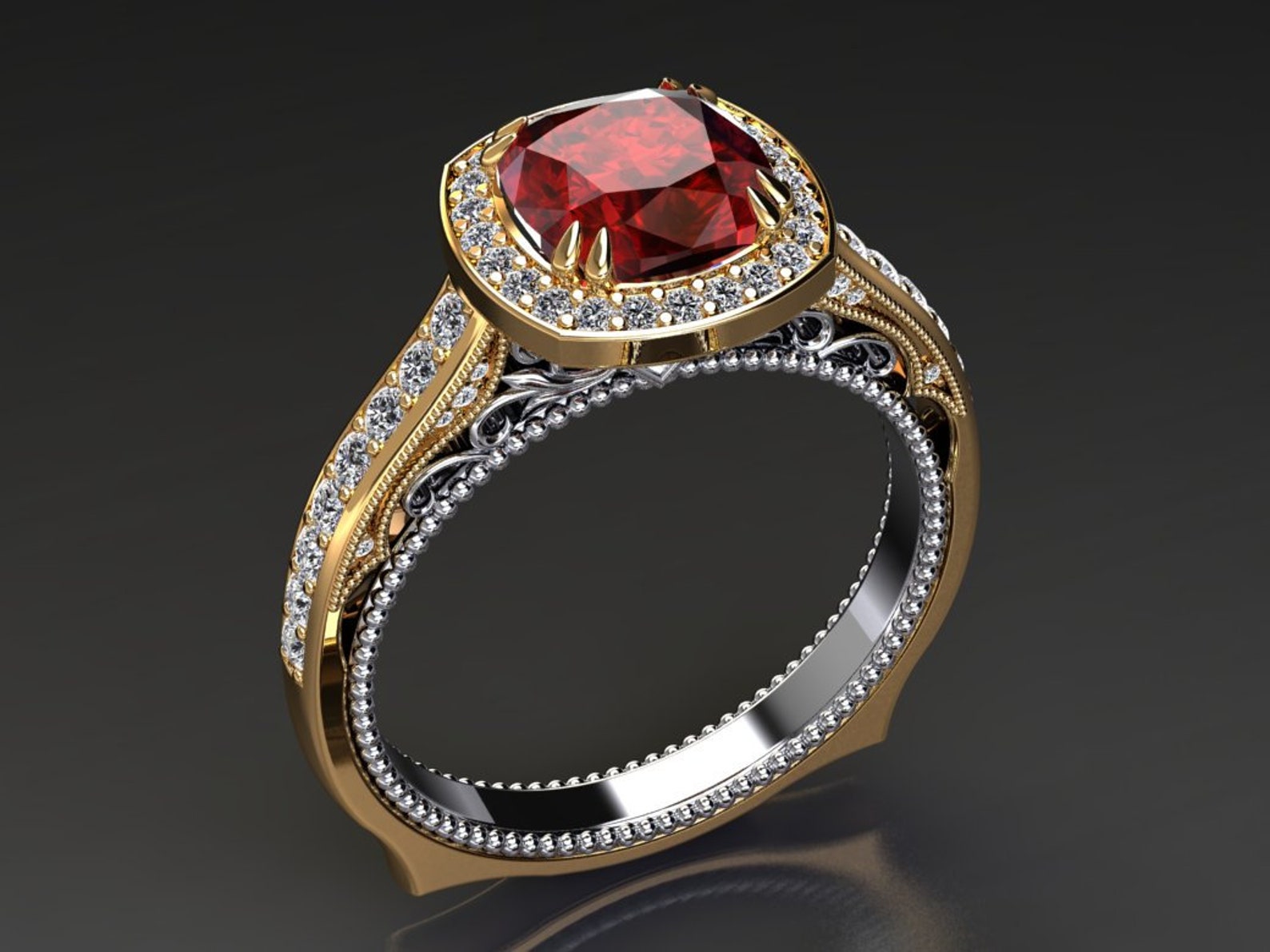 Two Tone Ruby Engagement Ring Ruby and Diamond Unique Halo - Etsy