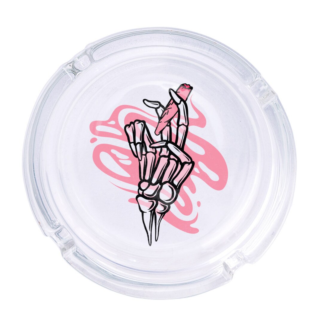 Skeleton Hand With Blunt Round Glass Ashtray 4.25", Cute Clear Glass UV ...