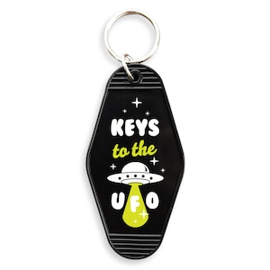 Keys to the UFO Motel Keychain, Cute Retro Style Alien Home Keychain ...