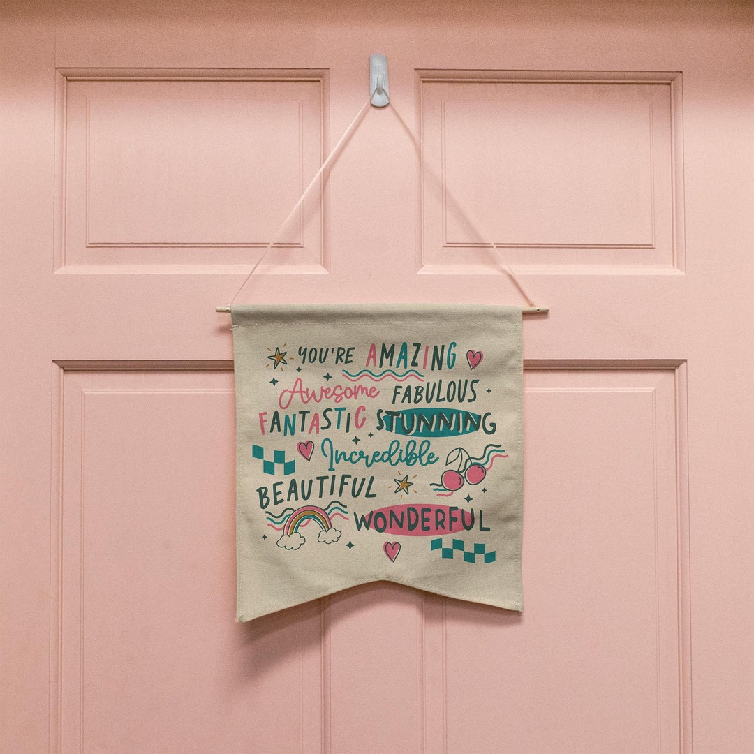 Affirmation Doodles Natural Canvas Wall Hang, Hand Illustrated Girl ...