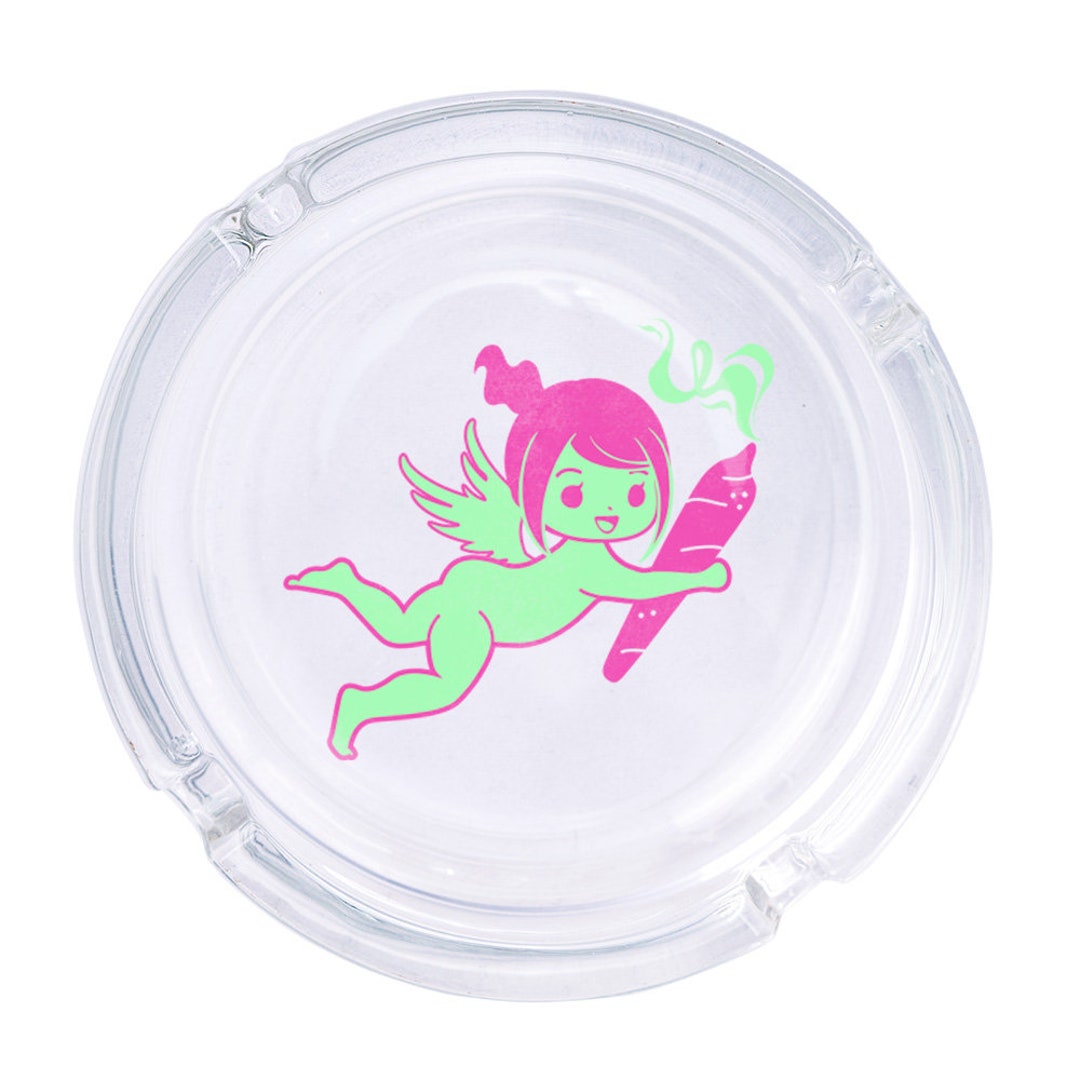Cupid With Joint Round Glass Ashtray 4.25", Cute Clear Glass UV Printed ...
