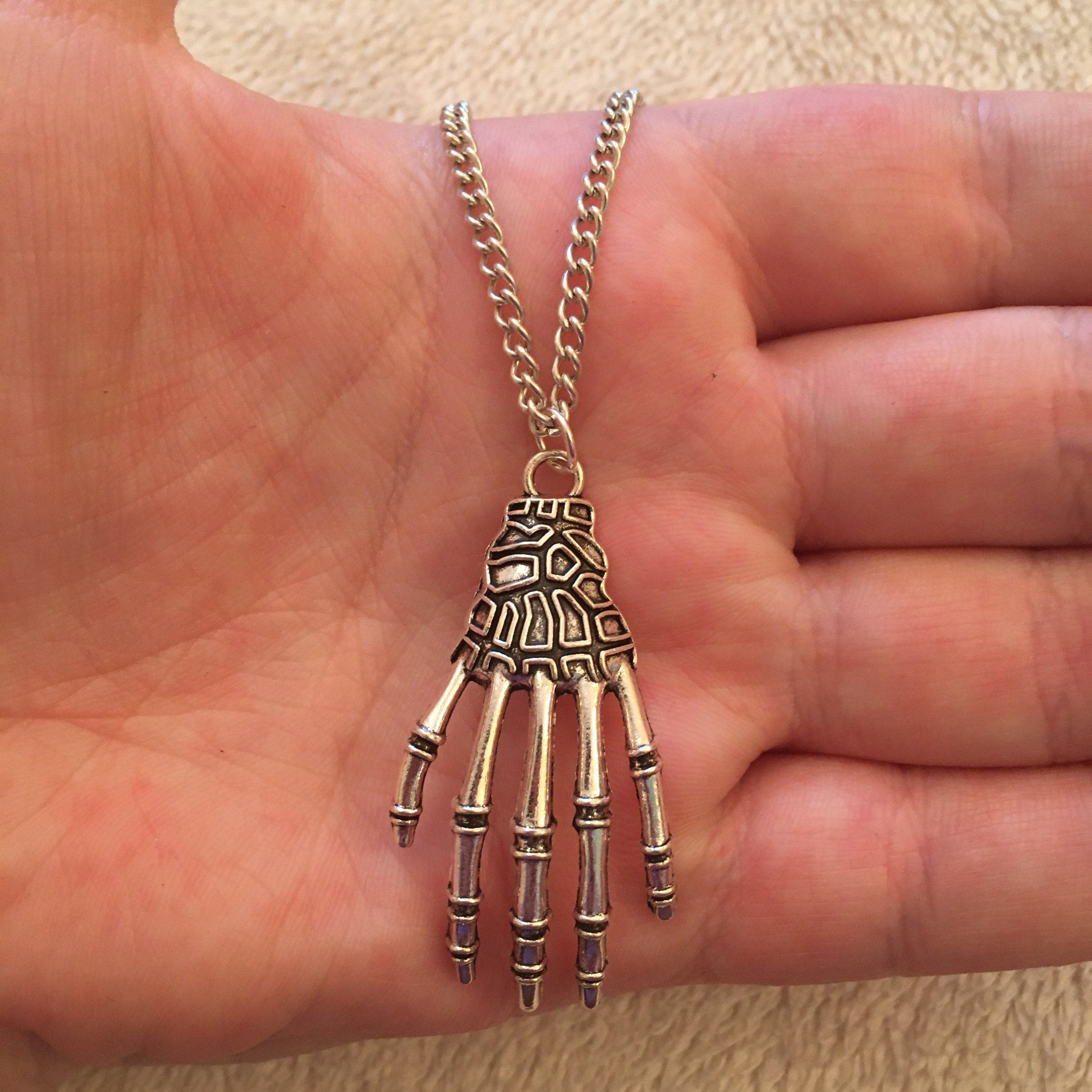 Silver chain necklace with skeleton hand charm skeleton hand | Etsy
