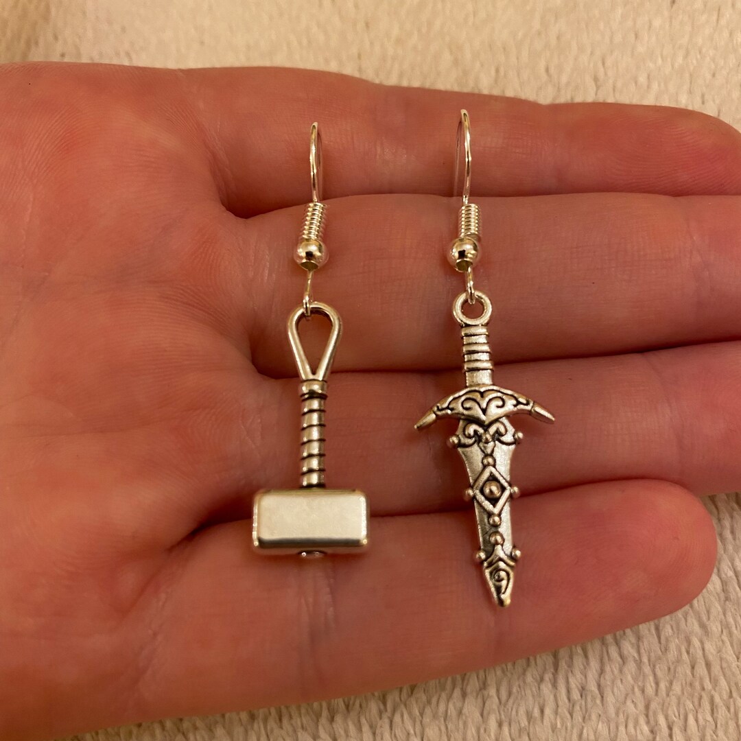 Silver Dangle/ Drop Earrings With Dagger and Hammer Charms, Dagger ...