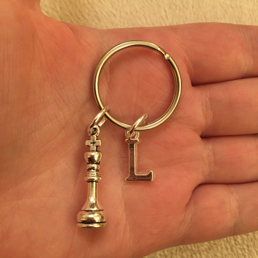 Silver Key Ring With King Chess Piece Charm and Letter Charm, Initial ...