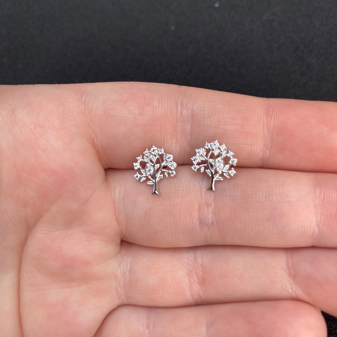 Sterling Silver Tree of Life Stud Earrings With Cubic Zirconia - Etsy