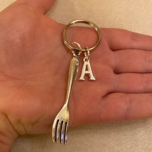 Silver Keyring With Big Fork Charm and Initial Charm, Fork Keyring ...