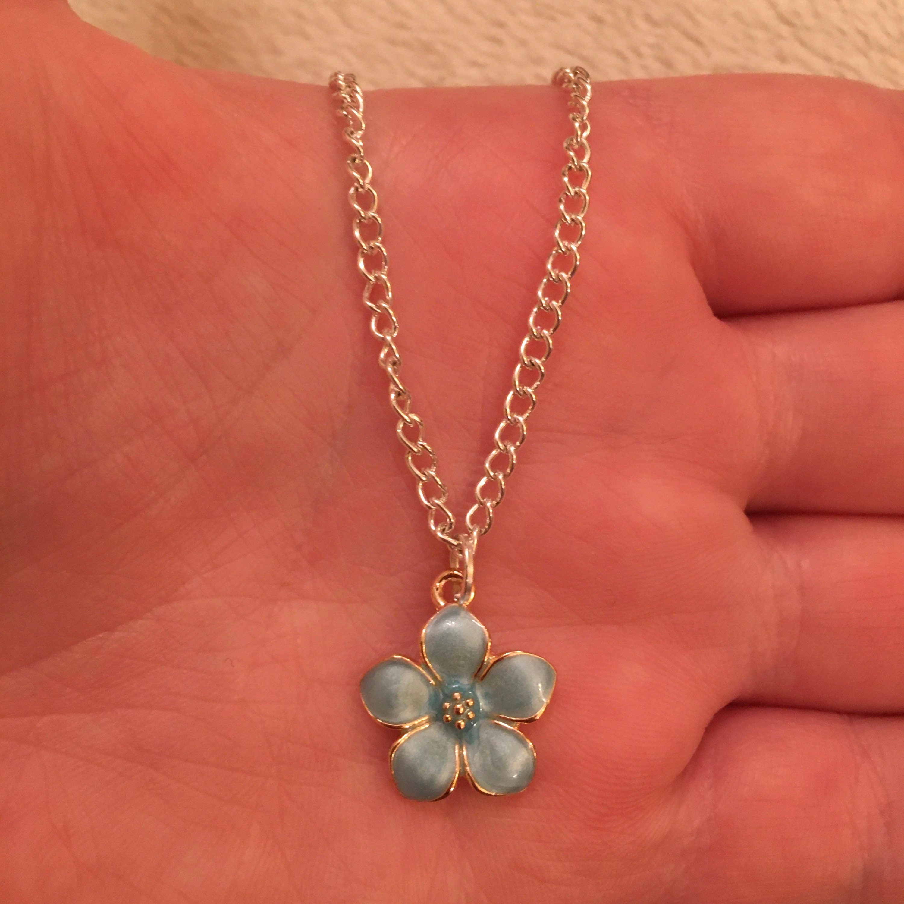 Silver chain necklace with blue flower charm blue flower | Etsy