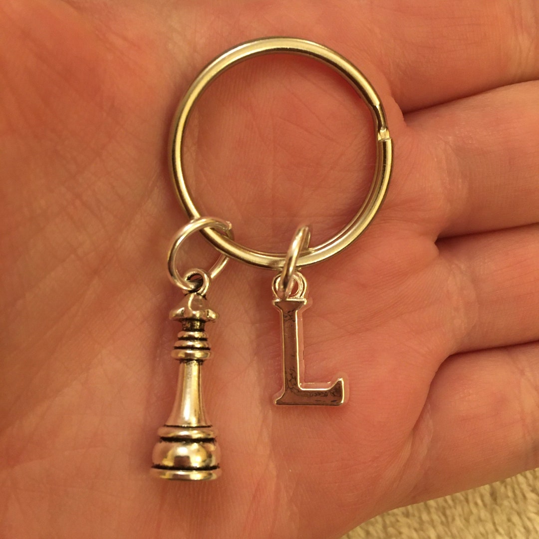 Silver Key Ring With Queen Chess Piece Charm and Letter Charm, Initial ...